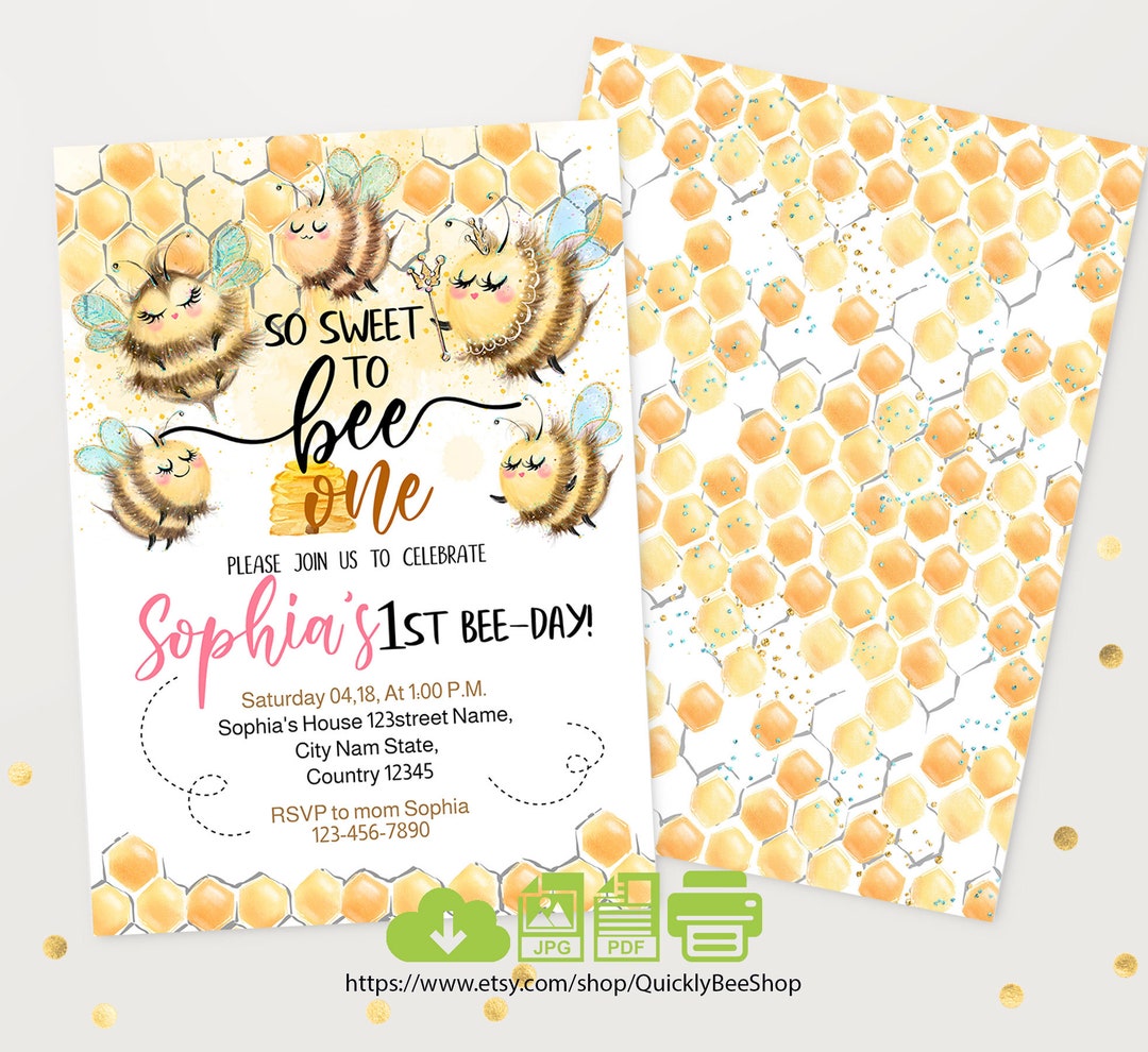 Bee Birthday Invitation, 1st Bee Day Invite, Bumble Bee Birthday, Honey ...