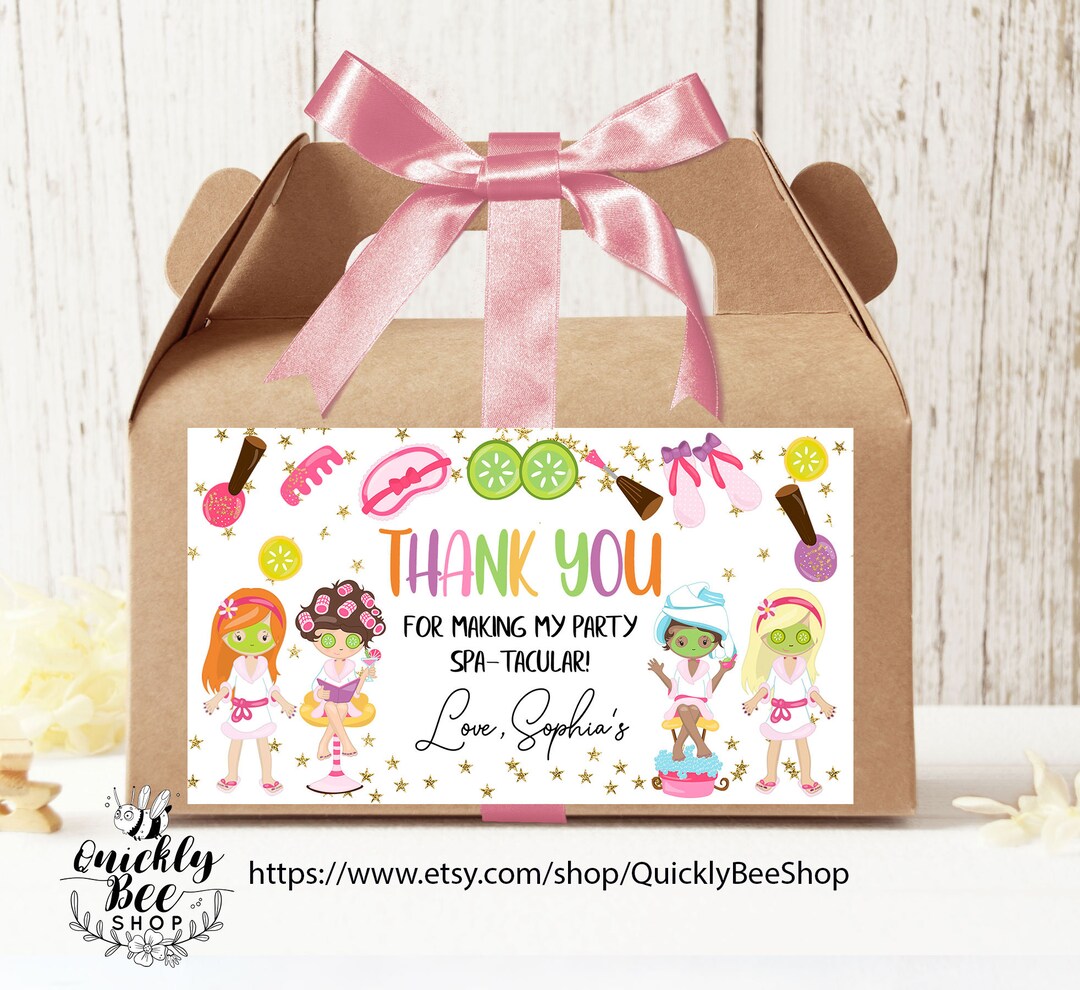 Spa Birthday Party Gift Box Label, Gable Box Label, Glam Party Gift Box ...