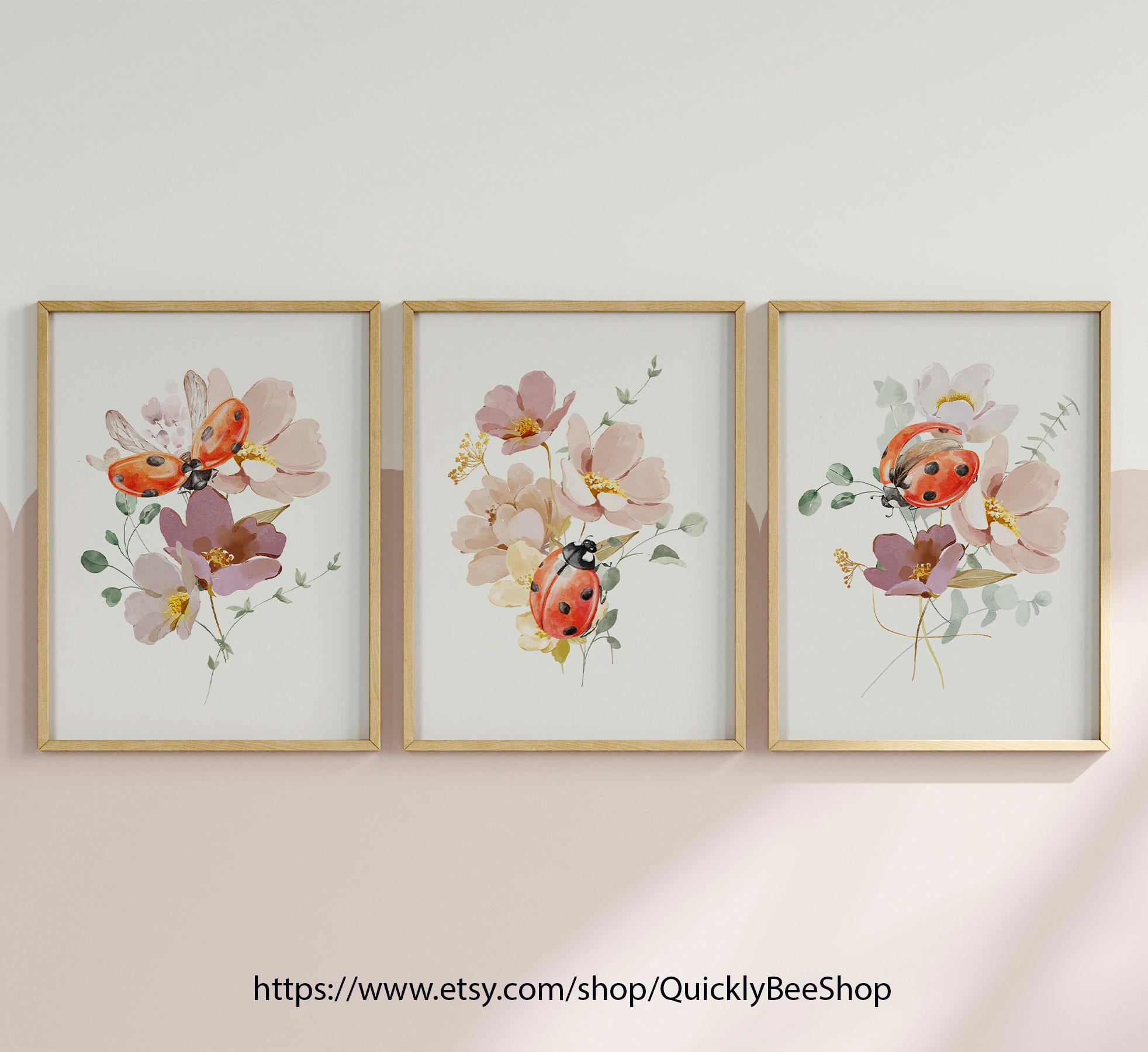 Red Ladybird Print, Floral Print Wall Art, Nursery Wall Decor, Modern ...