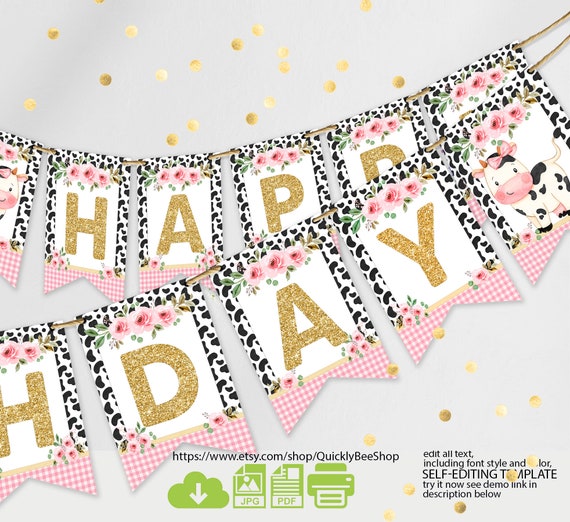 EDITABLE Cow Banner Happy Birthday Banner Printable 1st | Etsy