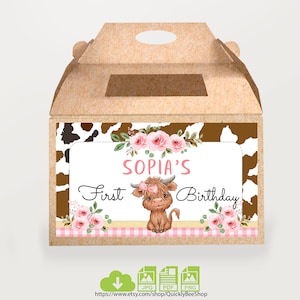 EDITABLE Highland Cow Gable Gift Box Label Cow Birthday Party - Etsy