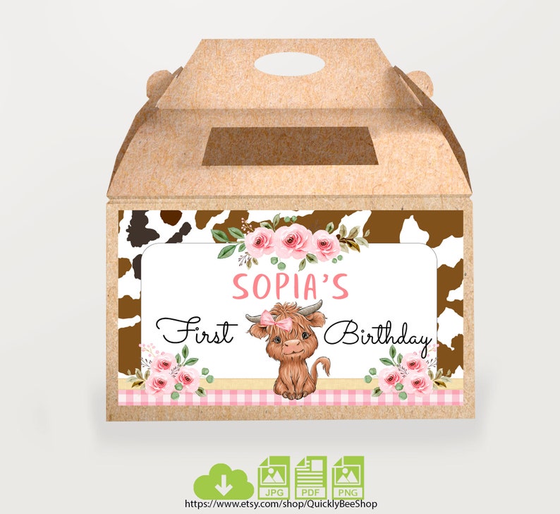 EDITABLE Highland Cow Gable Gift Box Label Cow Birthday Party - Etsy