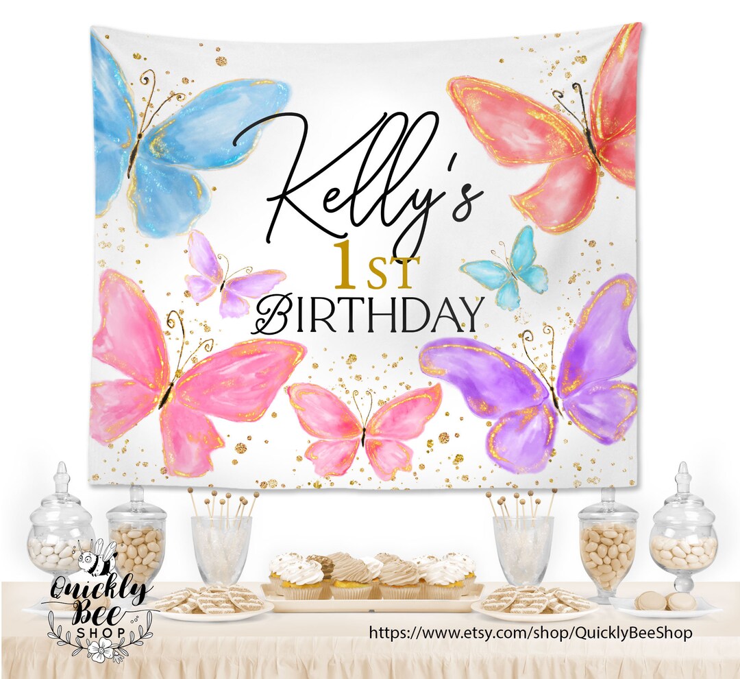 Butterfly Birthday Backdrop, Girl Colorful Butterfly Birthday ...