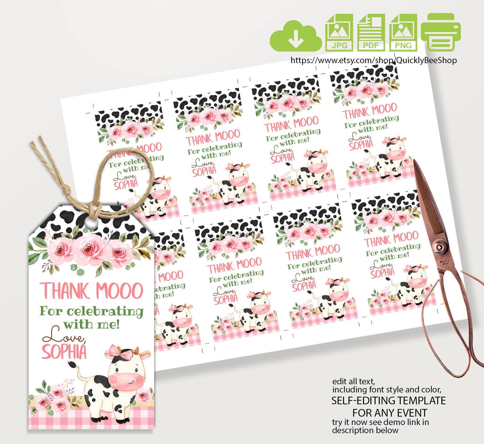 Cow Thank You Tag Printable Cow Birthday Tag Instant - Etsy