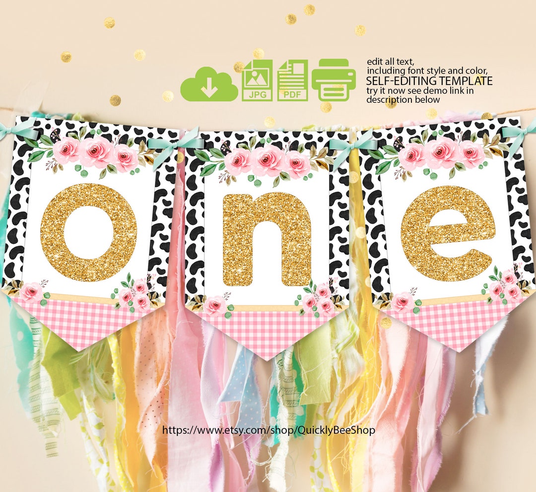 EDITABLE Cow Banner, Happy Birthday Banner, Printable 1st Birthday ...