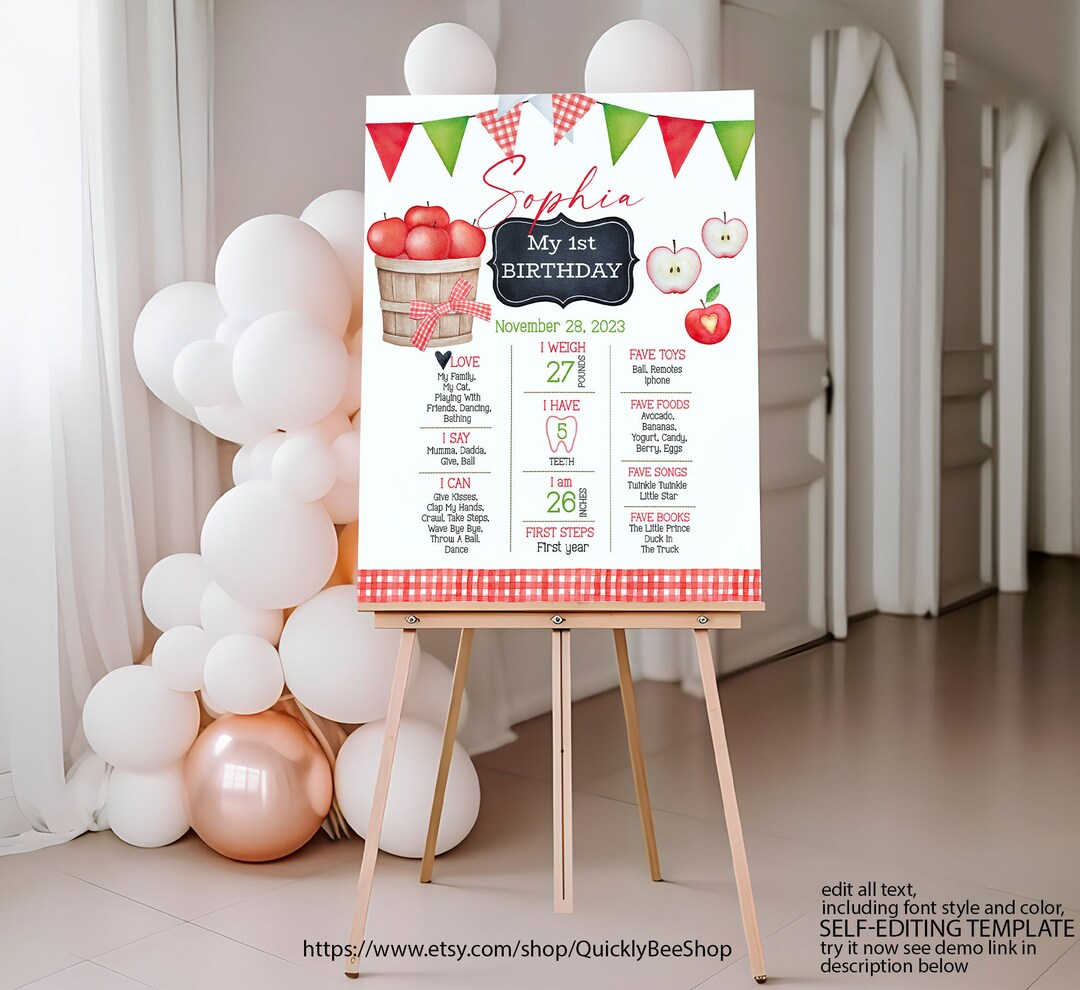 Apple First Birthday Milestone Poster Board Template, Editable Birthday ...