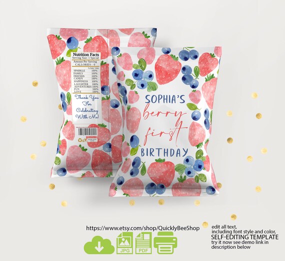 Blueberry Chip Bag Editable Berry Snacks Treat Bag | Etsy