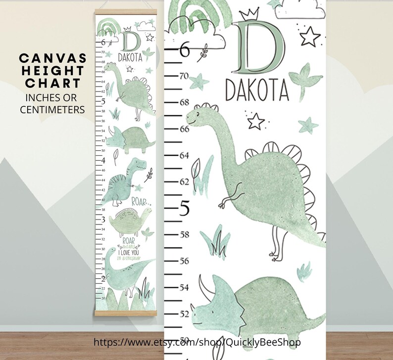 Dinosaur Growth Chart, Personalized Canvas Watercolor Dino Height Chart ...