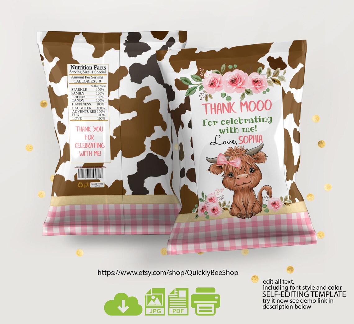 Editable Cow Chip Bags Cow Birthday Party Decorations Girl - Etsy