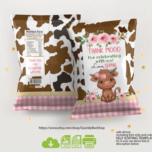 Editable Cow Chip Bags, Cow Birthday Party Decorations, Girl Farm Party ...