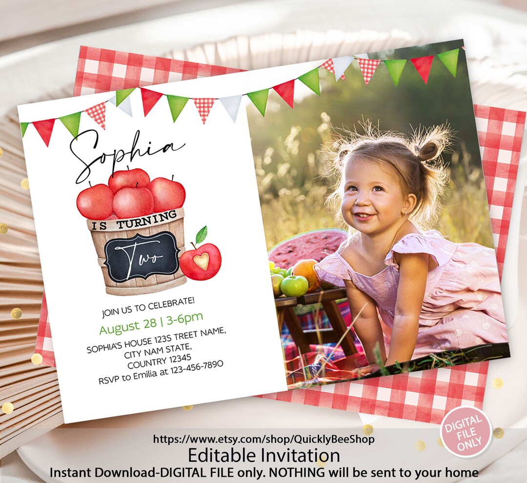 Apple Birthday Photo Invitation Template, Fall Birthday Party, Apple of ...