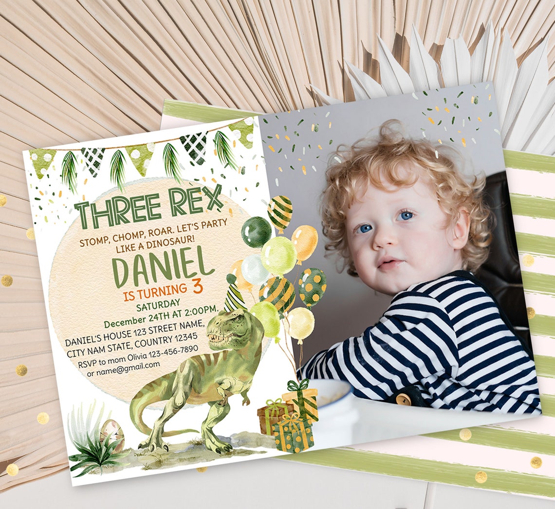 Editable Three Rex Photo Invitation Boy Dinosaur Birthday - Etsy