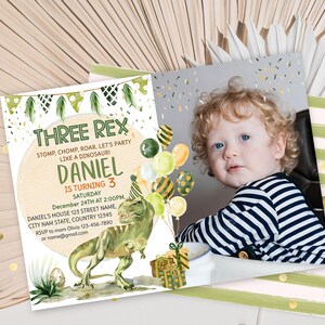 Editable Three Rex Photo Invitation Boy, Dinosaur Birthday Invitation ...