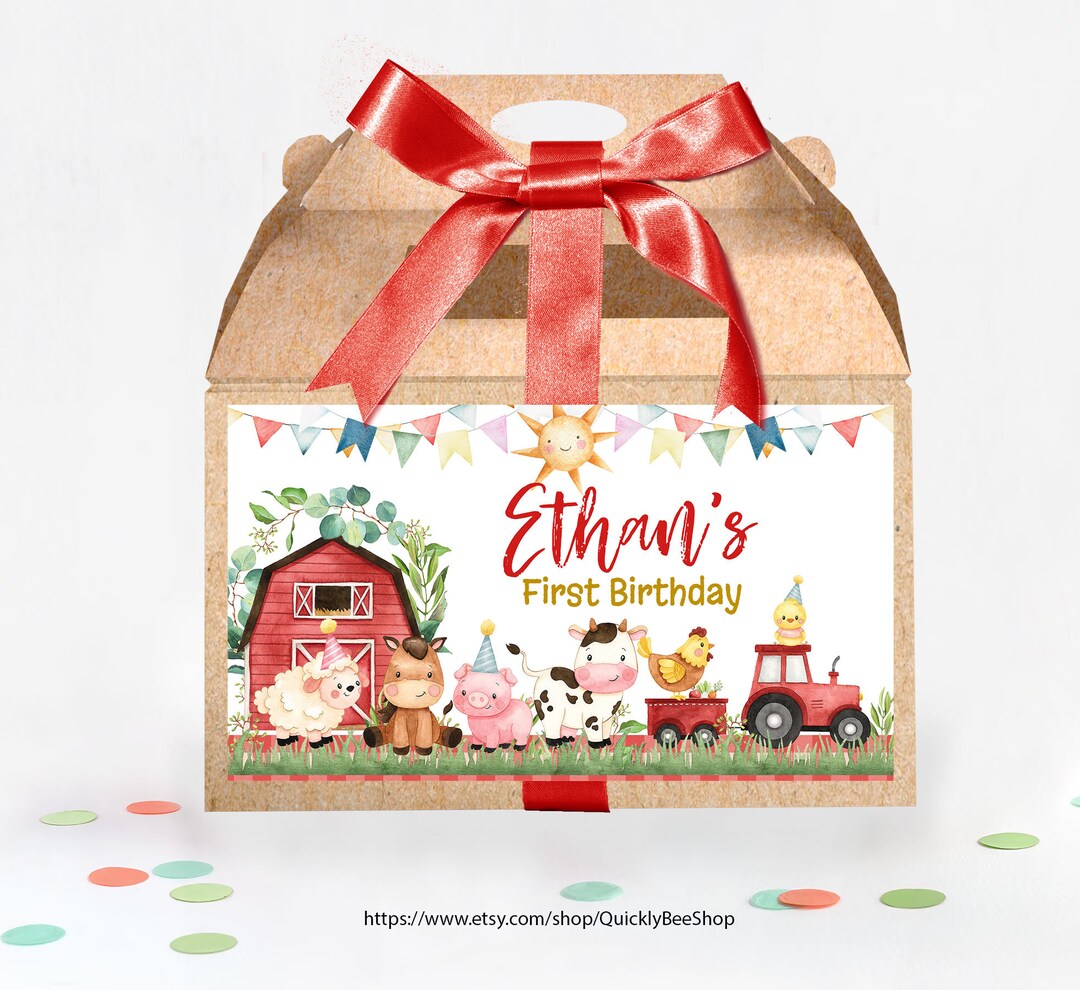 EDITABLE Red Farm Gable Gift Box Label, Cow Birthday Party Favor Box ...