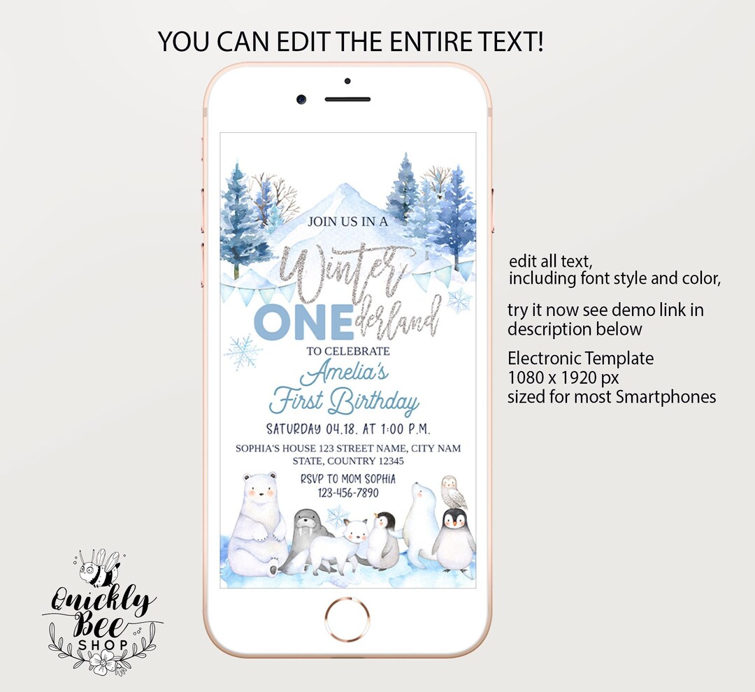 Winter Onederland Editable Electronic Phone Birthday Invitation ...