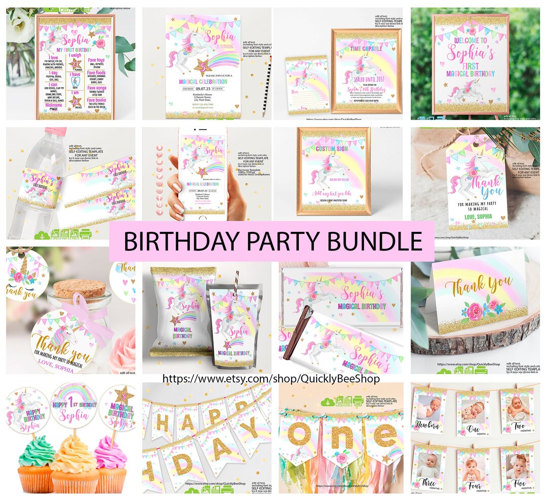 EDITABLE Unicorn Birthday Party Bundle, Digital Template, Unicorn Theme ...