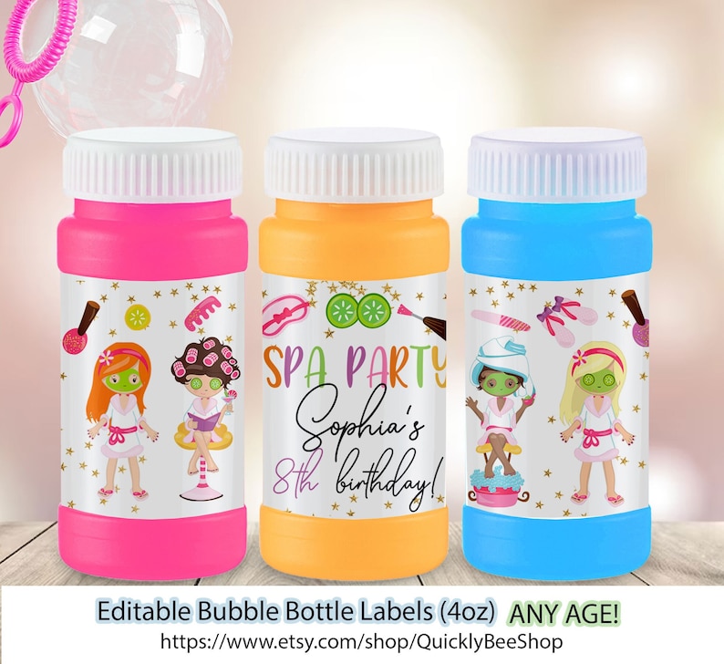 Editable Spa Party Bubble Bottle Label, Spa Birthday, Girls Makeup ...