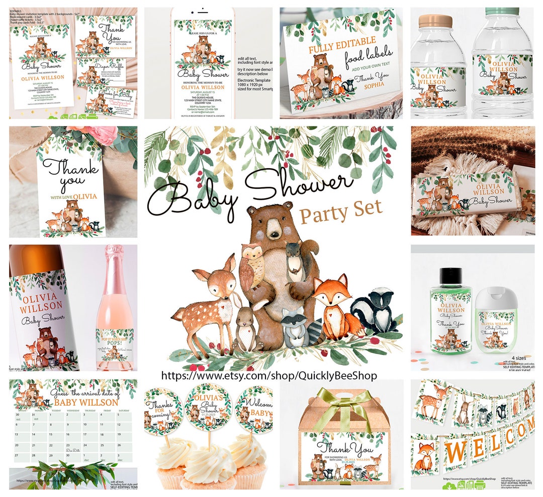 Woodland Animals Baby Shower Bundle, Printable Invitation (digital ...