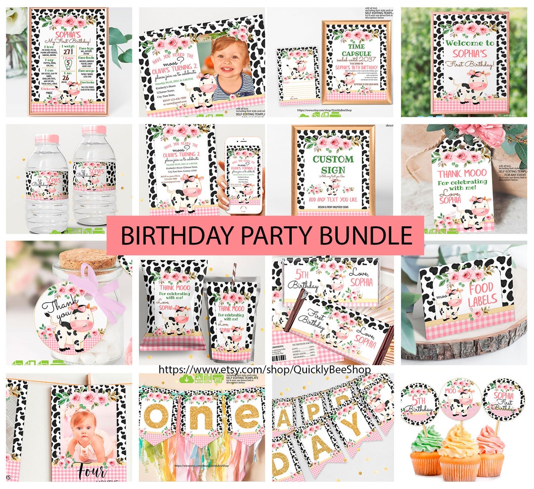 EDITABLE Cow Birthday Party Bundle, Digital Template, Cow Theme, Party ...