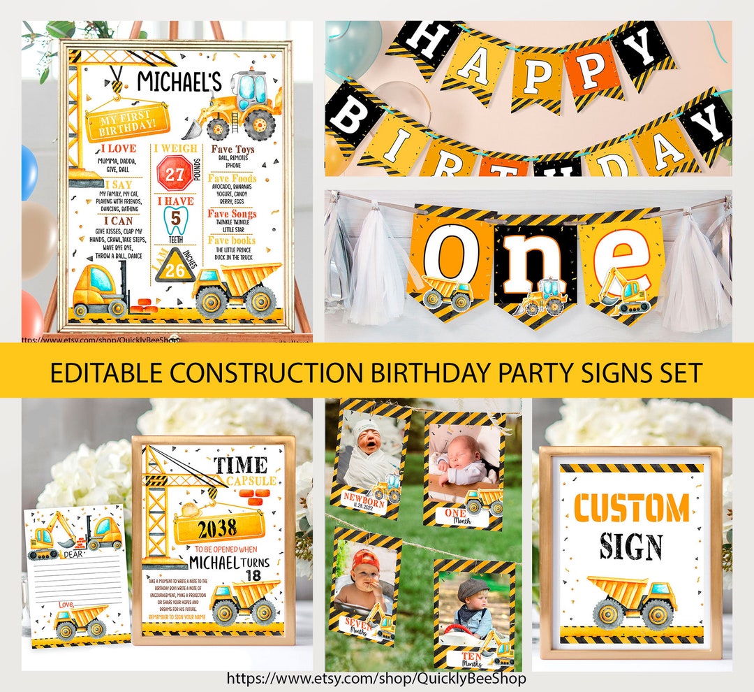 Construction Birthday Party Signs Banner Birthday Milestone Poster Time ...