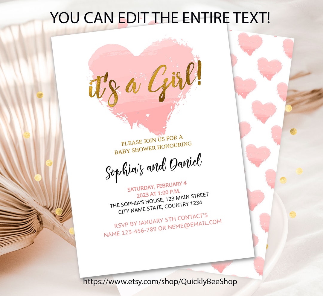 EDITABLE Heart Baby Shower Invitation, Little Sweetheart Girl Baby ...
