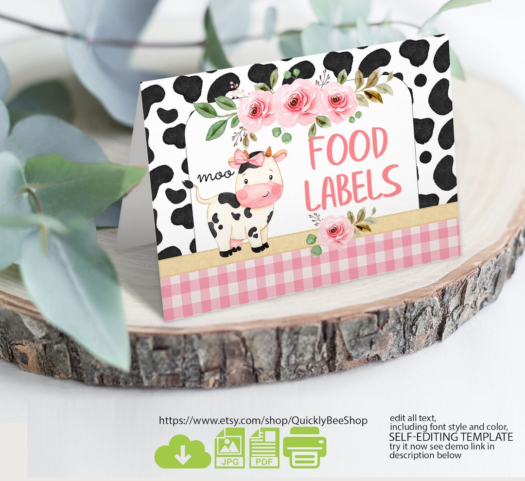 Editable Floral Cow Food Labels, Farm Birthday, Baby Shower (digital ...