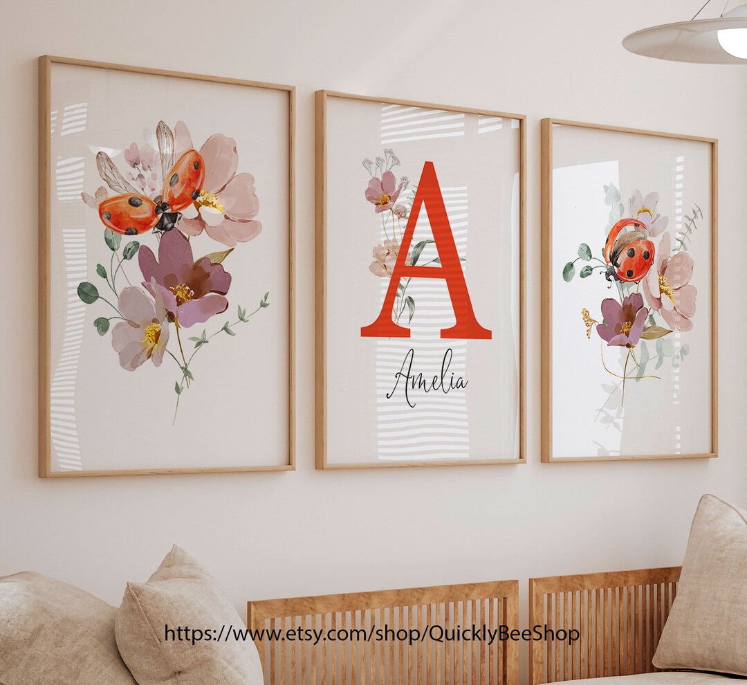 Ladybug Floral Watercolor Prints, Ladybirds Floral Wall Art, Floral ...