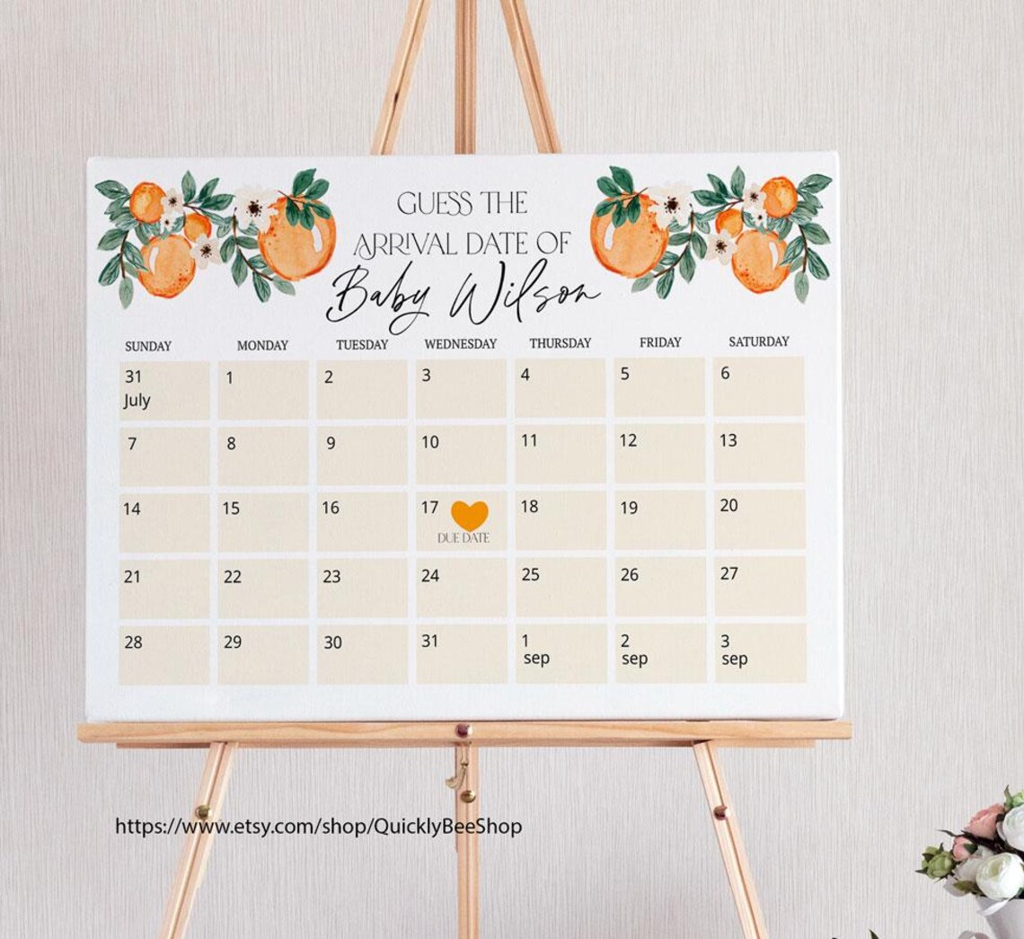 Editable Little Cutie Due Date Calendar, Orange Citrus Baby Shower Due ...