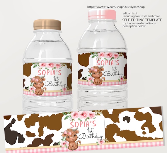 EDITABLE Higland Cow Bottle Water Labels Cow Baby Shower - Etsy