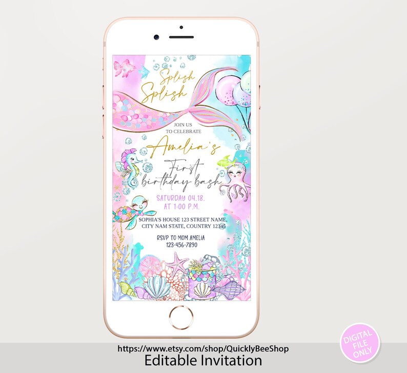 Editable Mermaid Electronic Birthday Invite, Mermaid Invite Under the ...