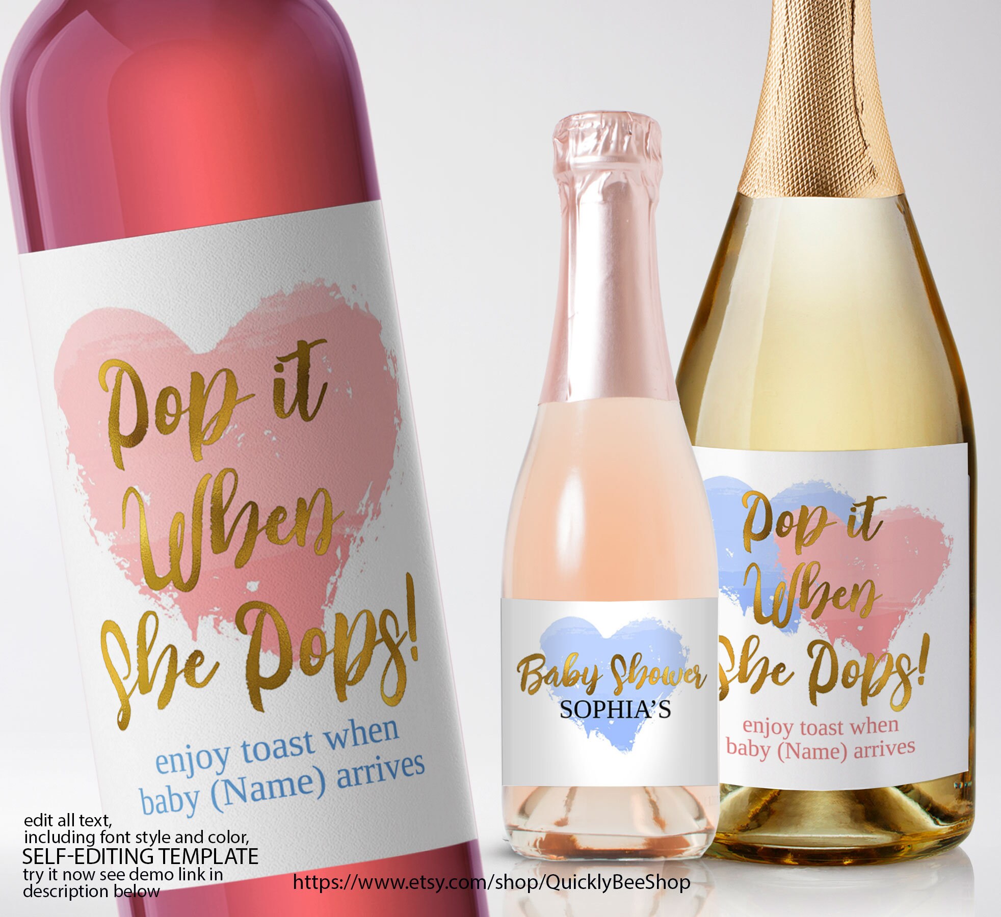 Pop It When She Pops Tag Template Heart Baby Shower Champagne - Etsy ...