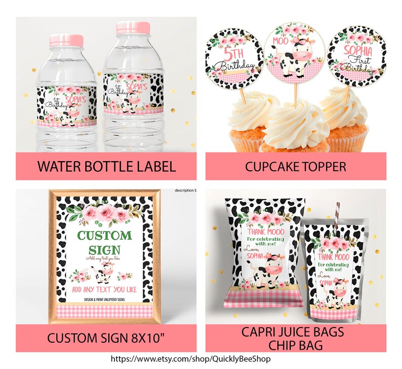 EDITABLE Cow Birthday Party Bundle Digital Template Cow | Etsy