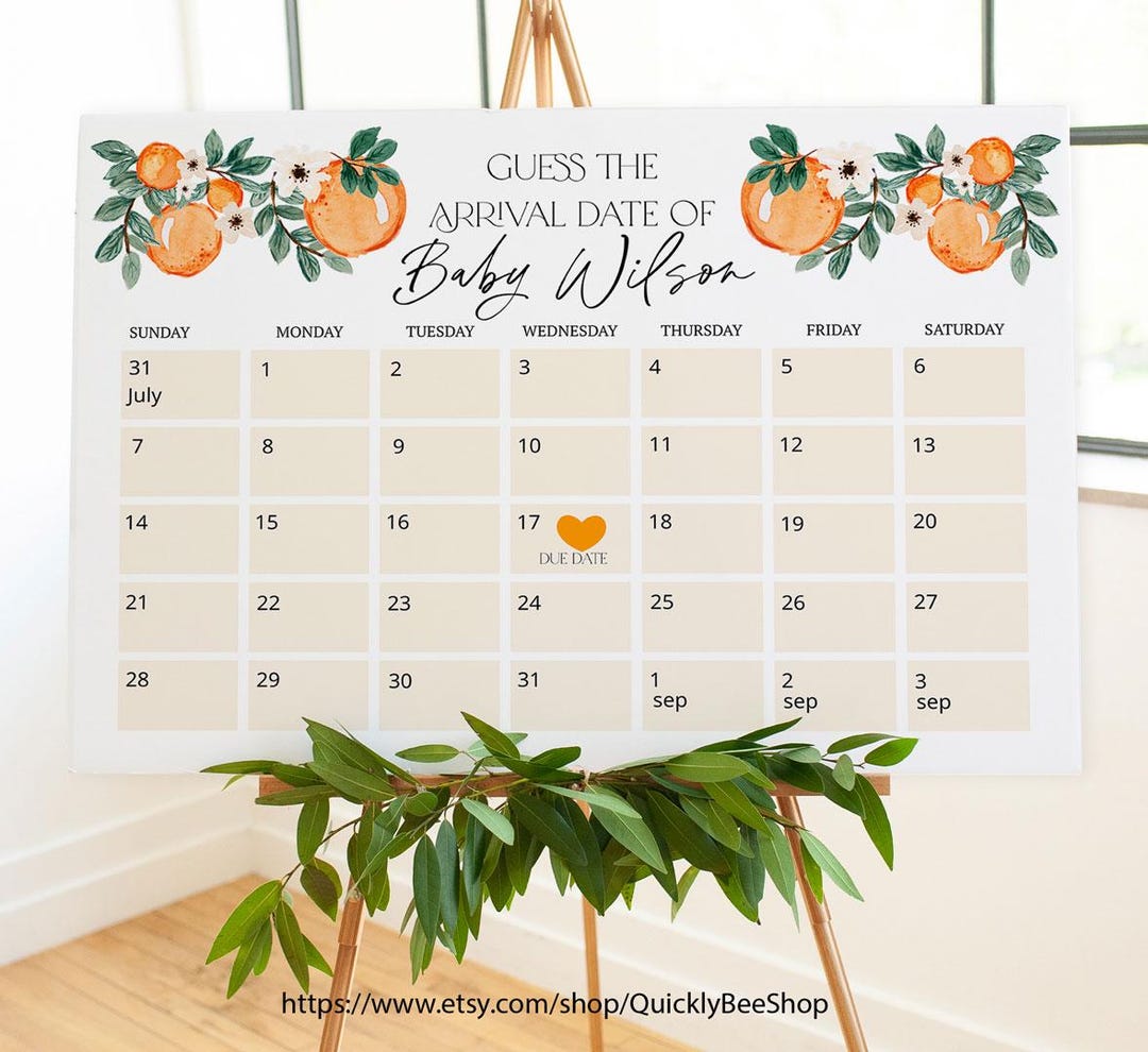 Editable Little Cutie Due Date Calendar, Orange Citrus Baby Shower Due ...