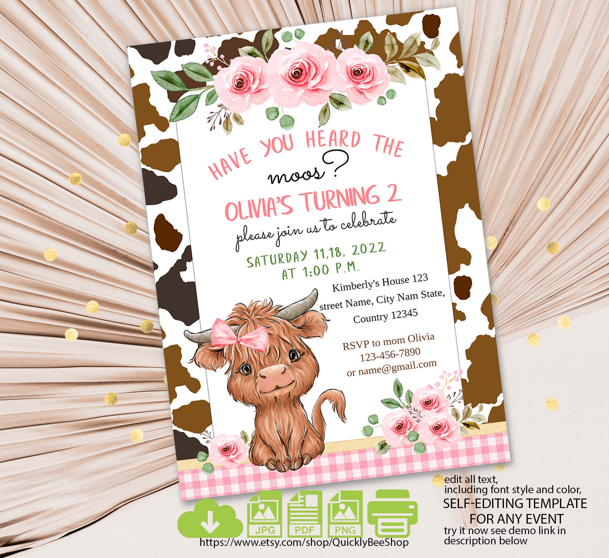 Highland Cow Invitation, Instant Download Cow Invitations, Pink Floral ...