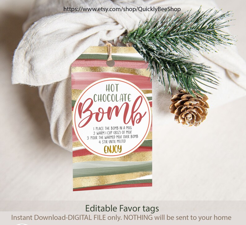Editable Hot Chocolate Bomb Tag, Gold Stripe, Christmas Gift (digital ...