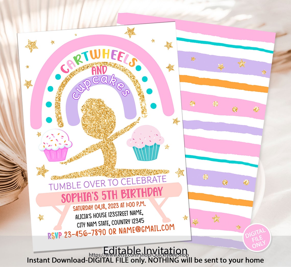 Editable Cartwheels and Cupcakes Invitation, Gymnastics Birthday Party ...
