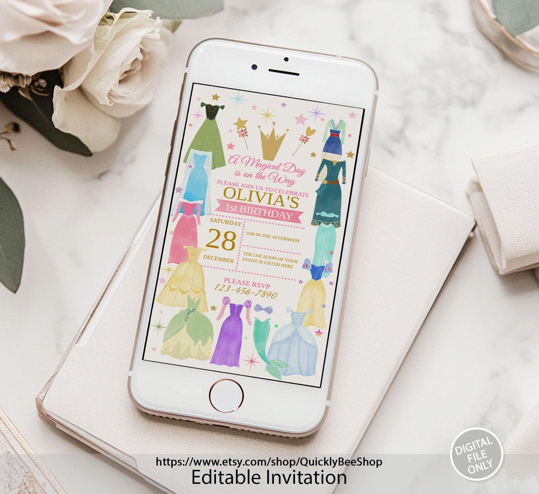 EDITABLE Princess Birthday Evite, Princess Dresses Digital Invitation ...