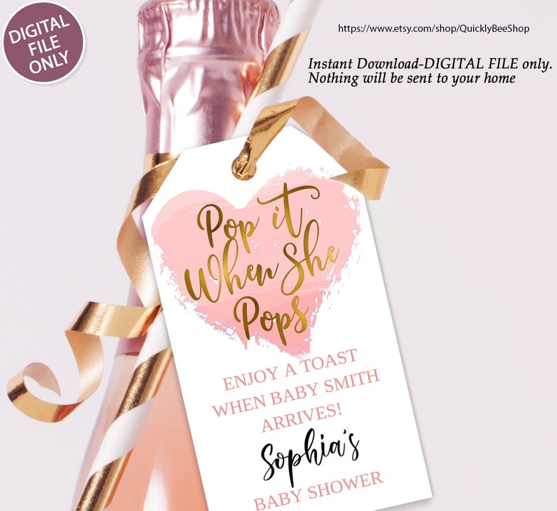 Pop It When She Pops Tag Template Heart, Baby Shower Champagne Tag ...