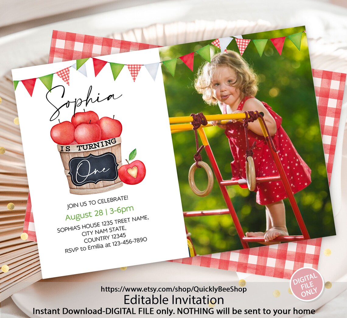 Apple Birthday Photo Invitation Template, Fall Birthday Party, Apple of ...