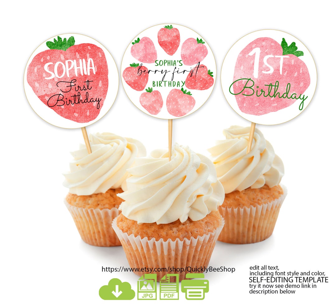 Strawberry Cupcake Toppers, Printable Cupcake Topper, Berry Cupcake ...