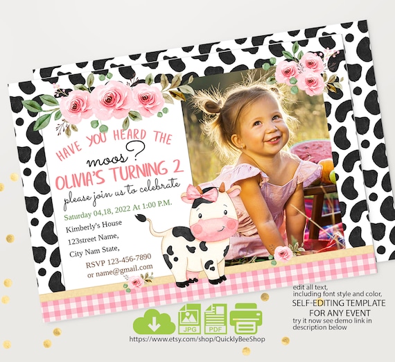 Cow Birthday Invitation With Photo Editable Template Online - Etsy
