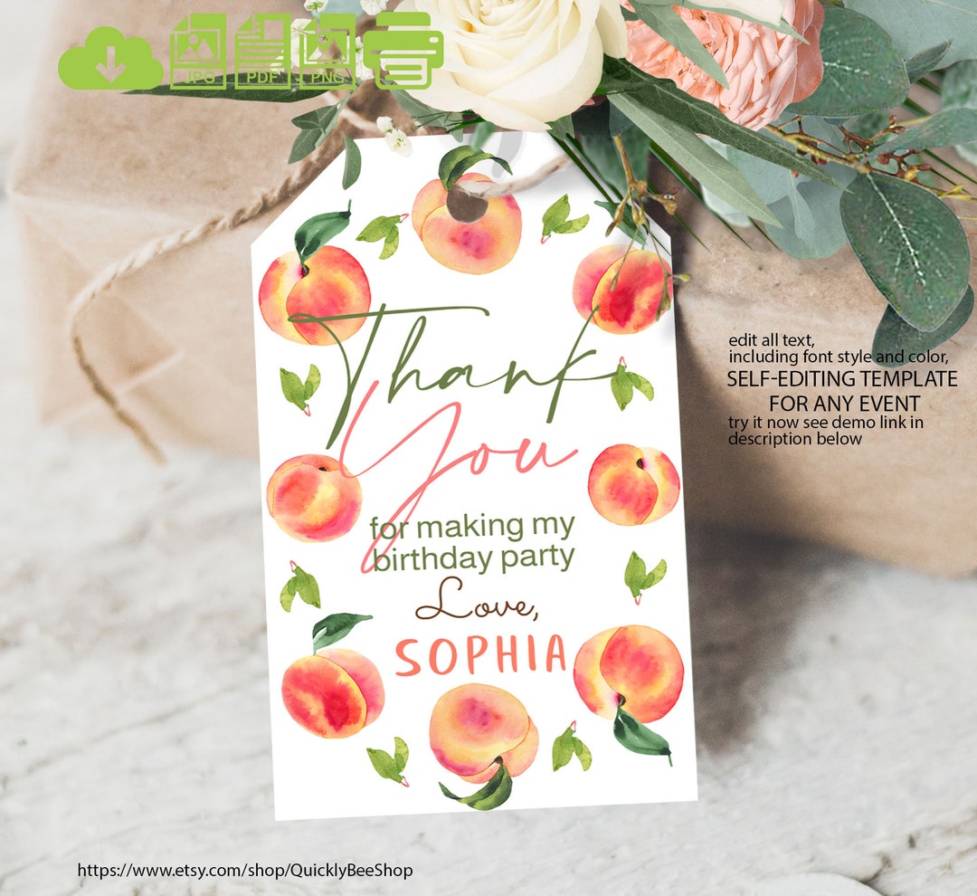 Editable Peach Favor Tag, Thanks Favor Tag Template, Peach Template ...