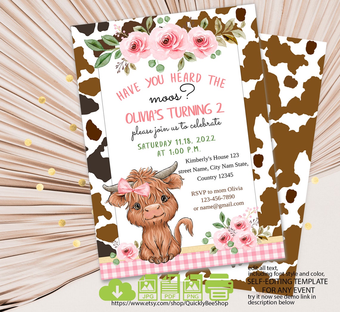 Highland Cow Invitation, Instant Download Cow Invitations, Pink Floral ...
