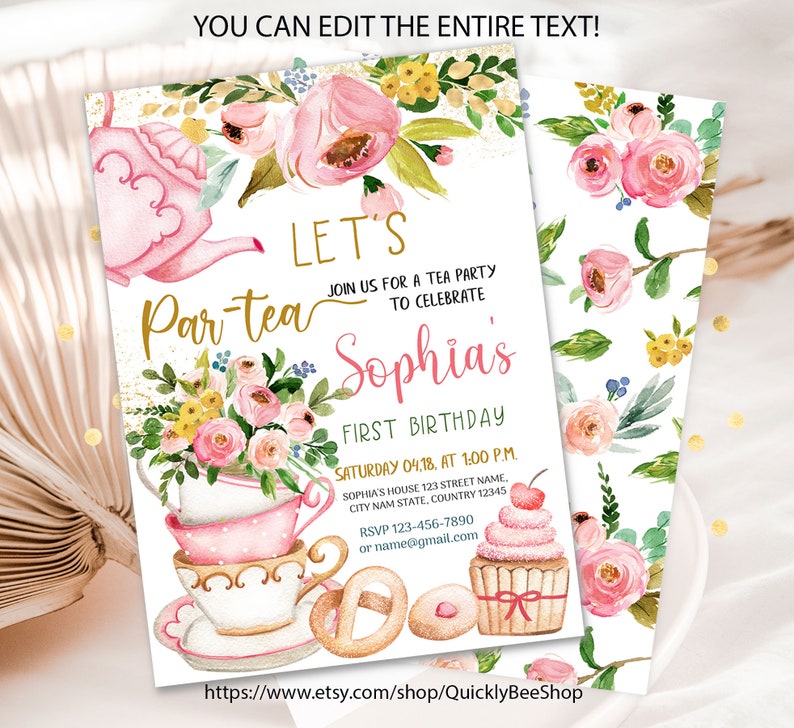 EDITABLE Tea Party Birthday Invitation Par-tea Invite - Etsy