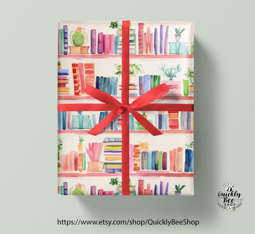 Book Lovers Wrapping Paper, Book Wrapping Paper With Books, Watercolor ...