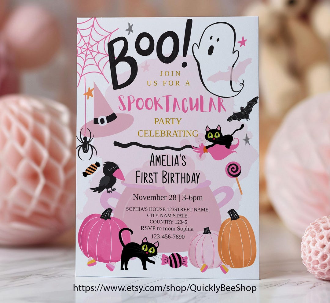 Halloween Pink Ghost Birthday Invitation, Boo Ghost Party Spooktacular ...