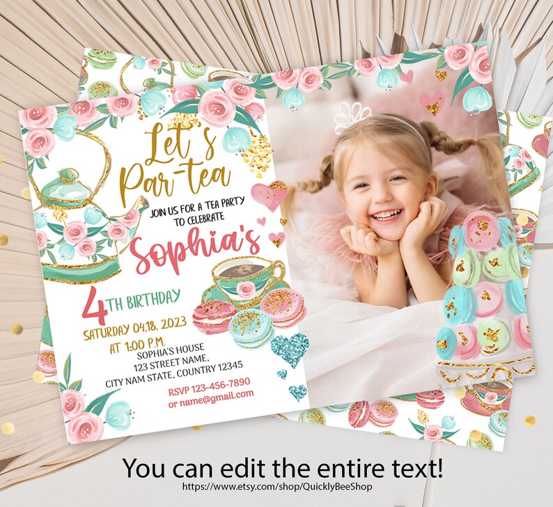 EDITABLE Tea Party Birthday Invitation Girl Photo Birthday - Etsy