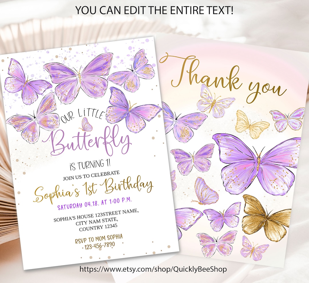 Editable Purple Butterfly Birthday Invitation Girl 1st Birthday Invite ...