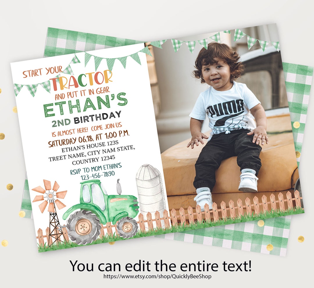 Editable Tractor Birthday Photo Invitation, Green Tractor Invitation ...