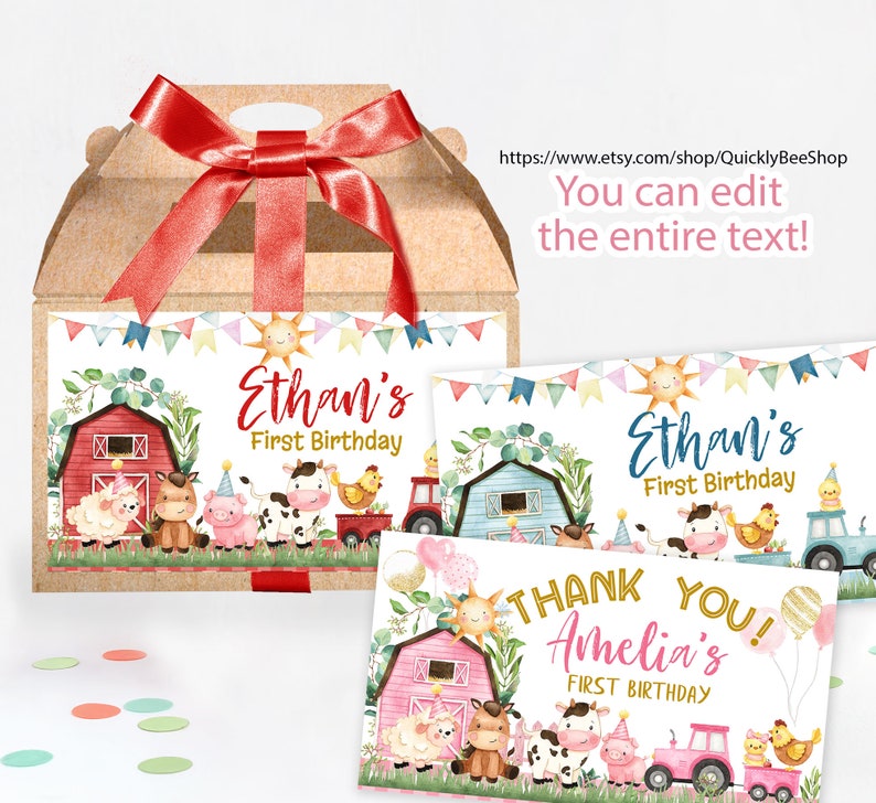 EDITABLE Farm Gable Gift Box Label Cow Birthday Party Favor - Etsy